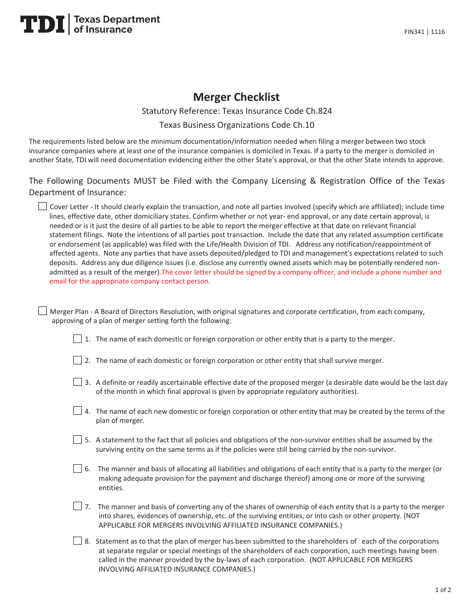 Form FIN341 - Fill Out, Sign Online and Download Fillable PDF, Texas ...