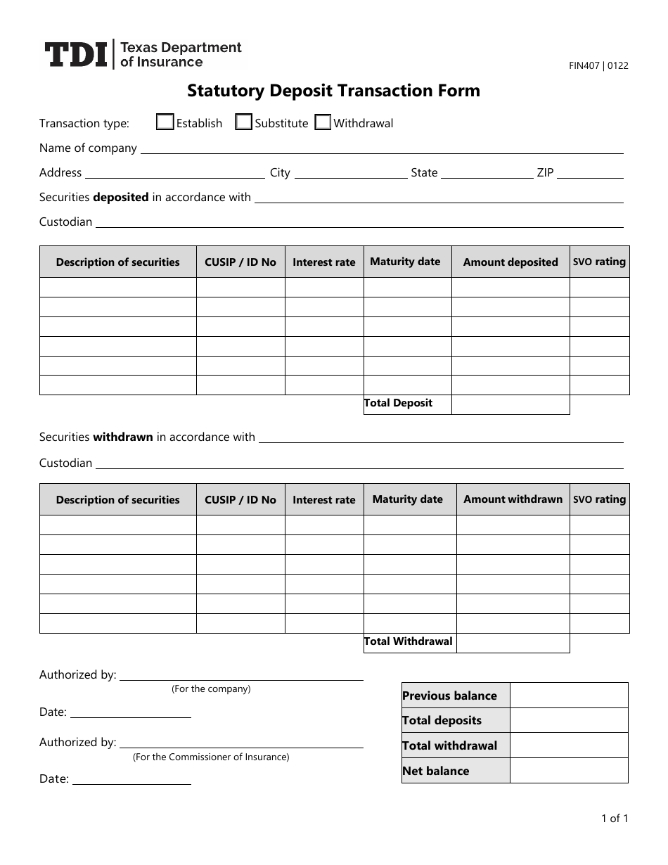 Form FIN407 Download Fillable PDF or Fill Online Statutory Deposit ...