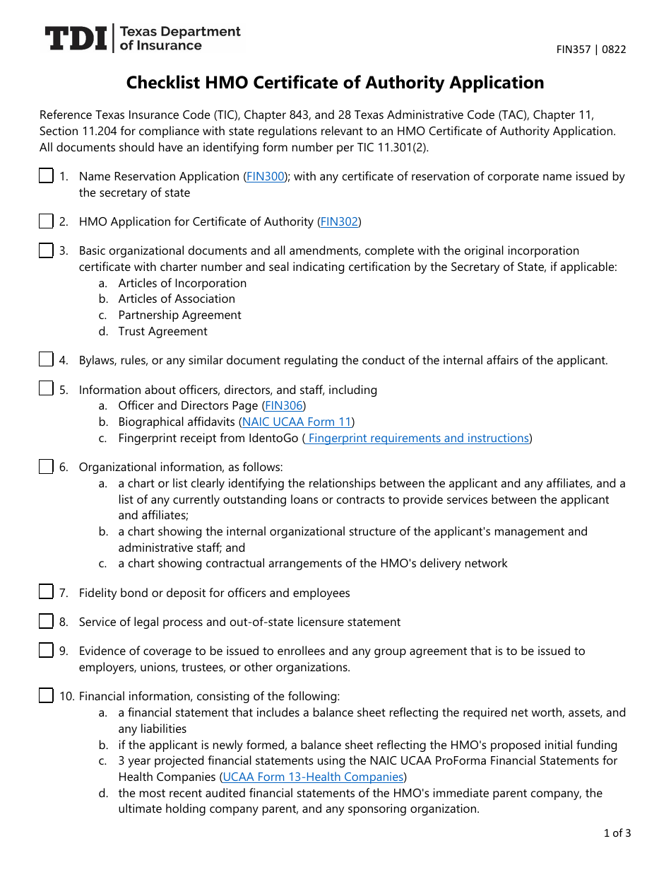 Form FIN357 Download Fillable PDF or Fill Online Checklist HMO Certificate of Authority ...