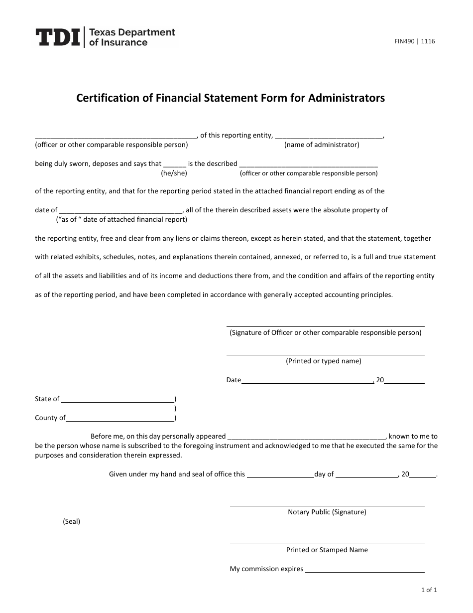 Form FIN490 - Fill Out, Sign Online and Download Fillable PDF, Texas ...