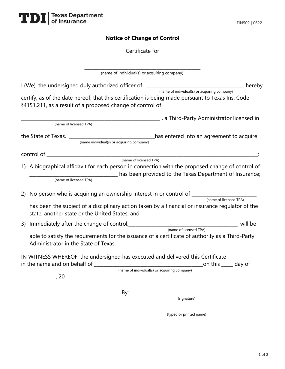 Form FIN502 Download Fillable PDF or Fill Online Notice of Change of ...