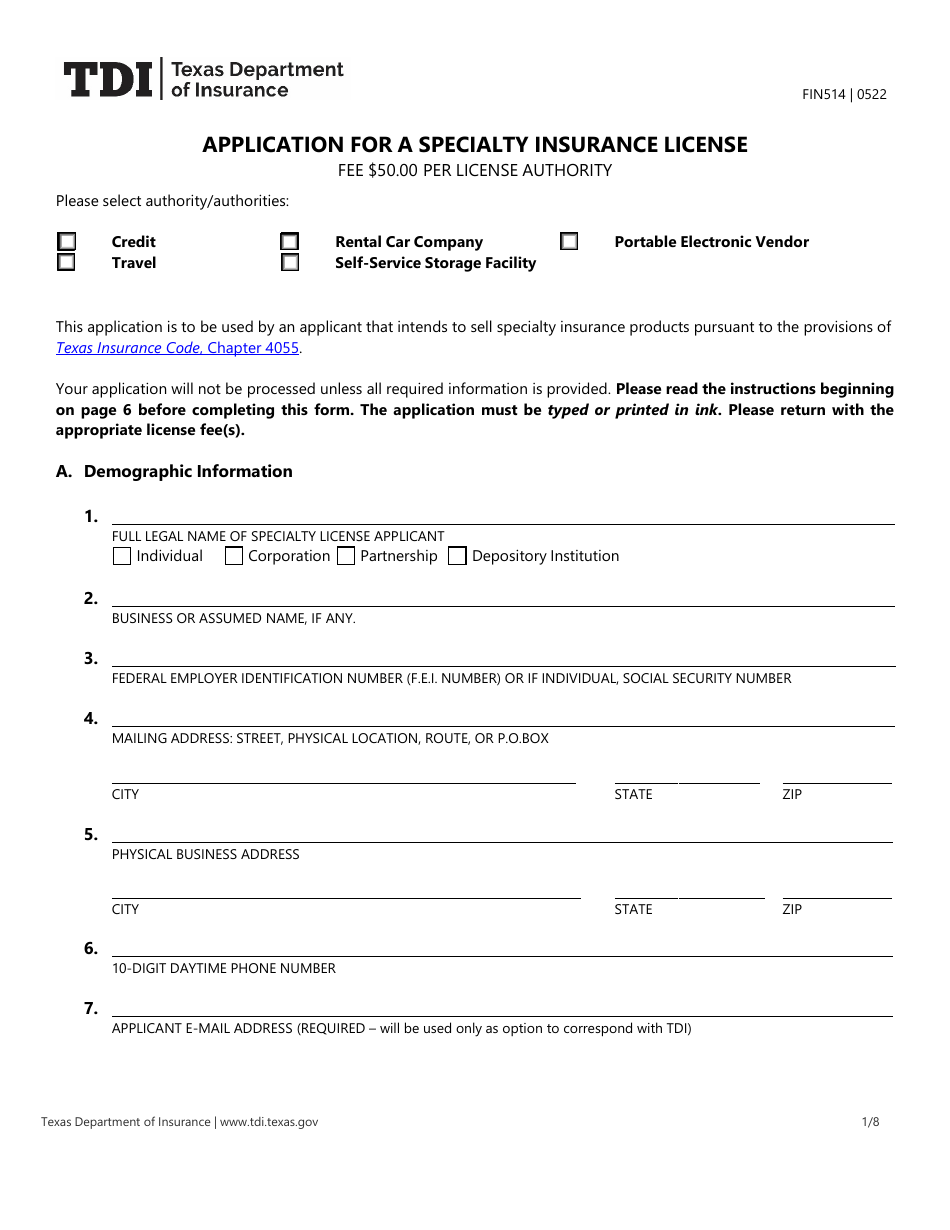 Form FIN514 Download Fillable PDF or Fill Online Application for a ...