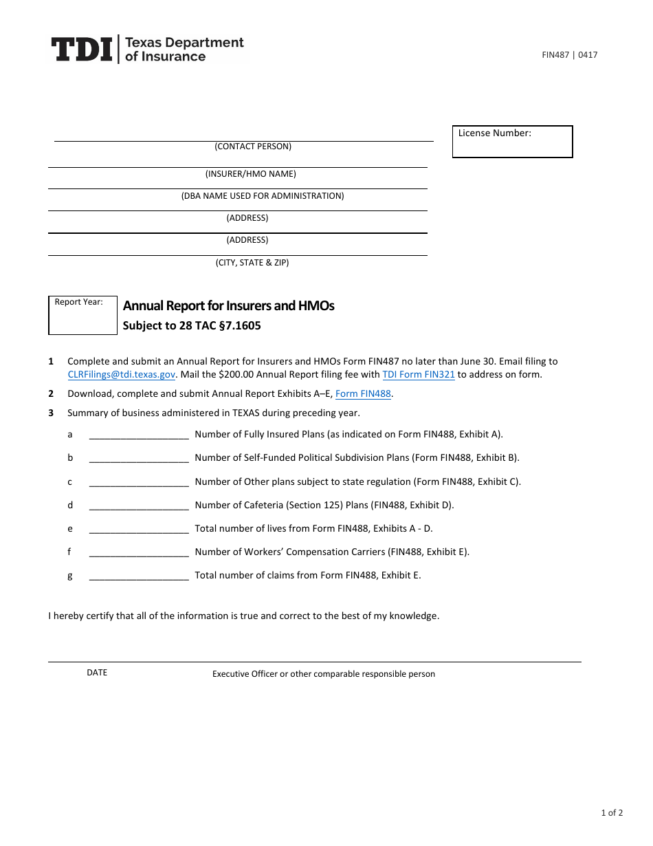 Form FIN487 - Fill Out, Sign Online and Download Fillable PDF, Texas ...