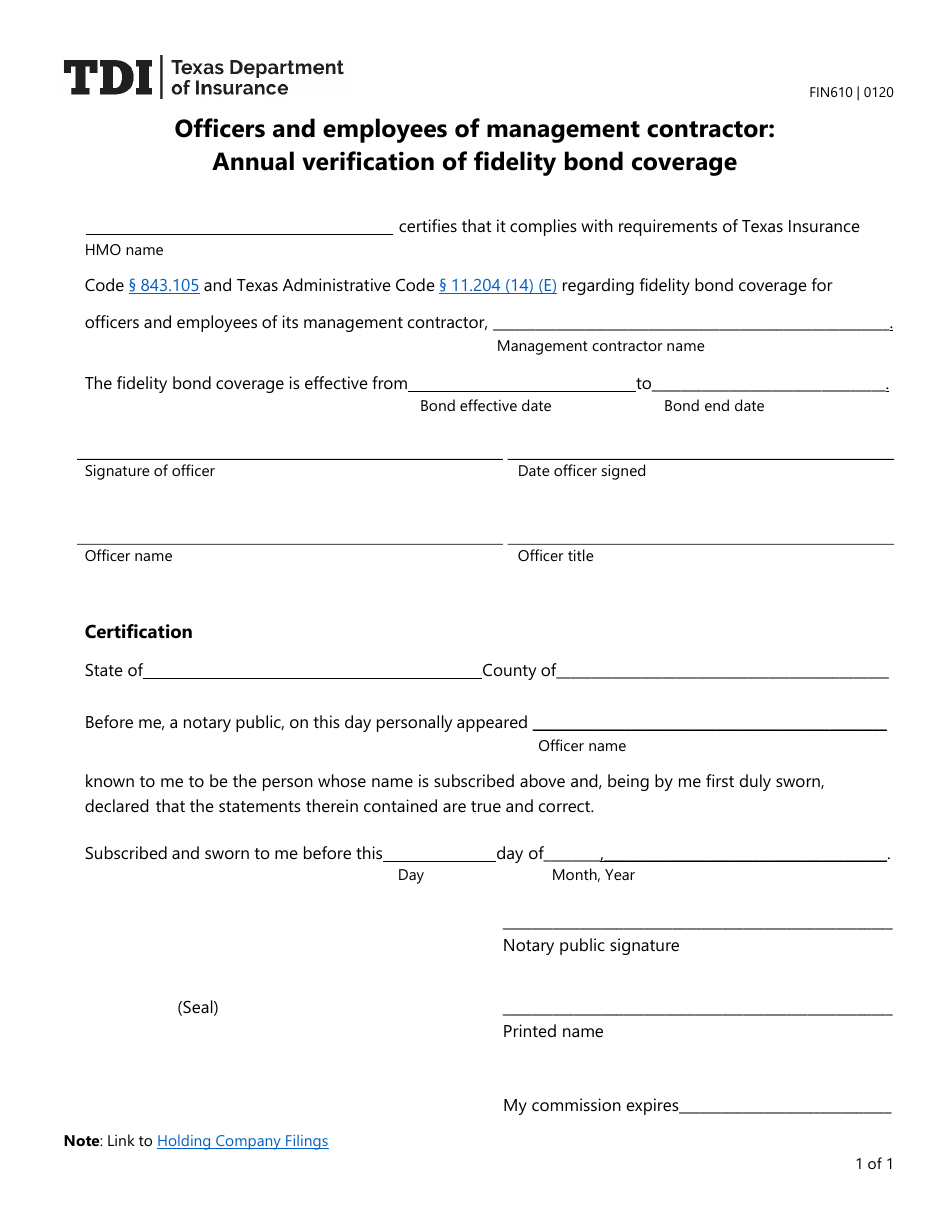 Form FIN610 - Fill Out, Sign Online and Download Fillable PDF, Texas ...
