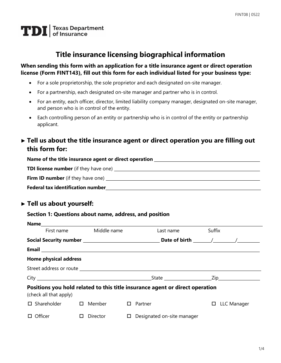 Form FINT08 Download Fillable PDF or Fill Online Title Insurance ...