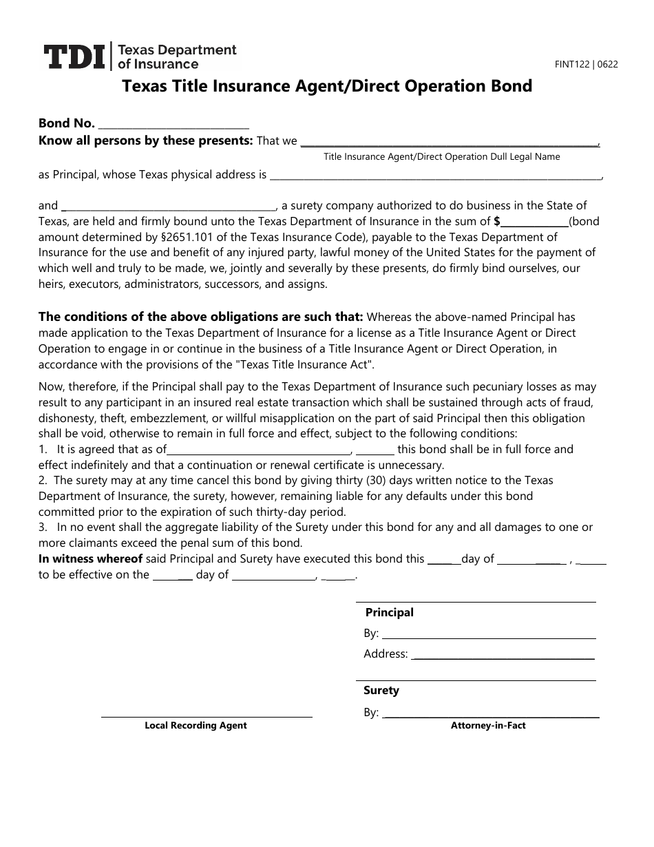 Form FINT122 Download Fillable PDF or Fill Online Texas Title Insurance ...
