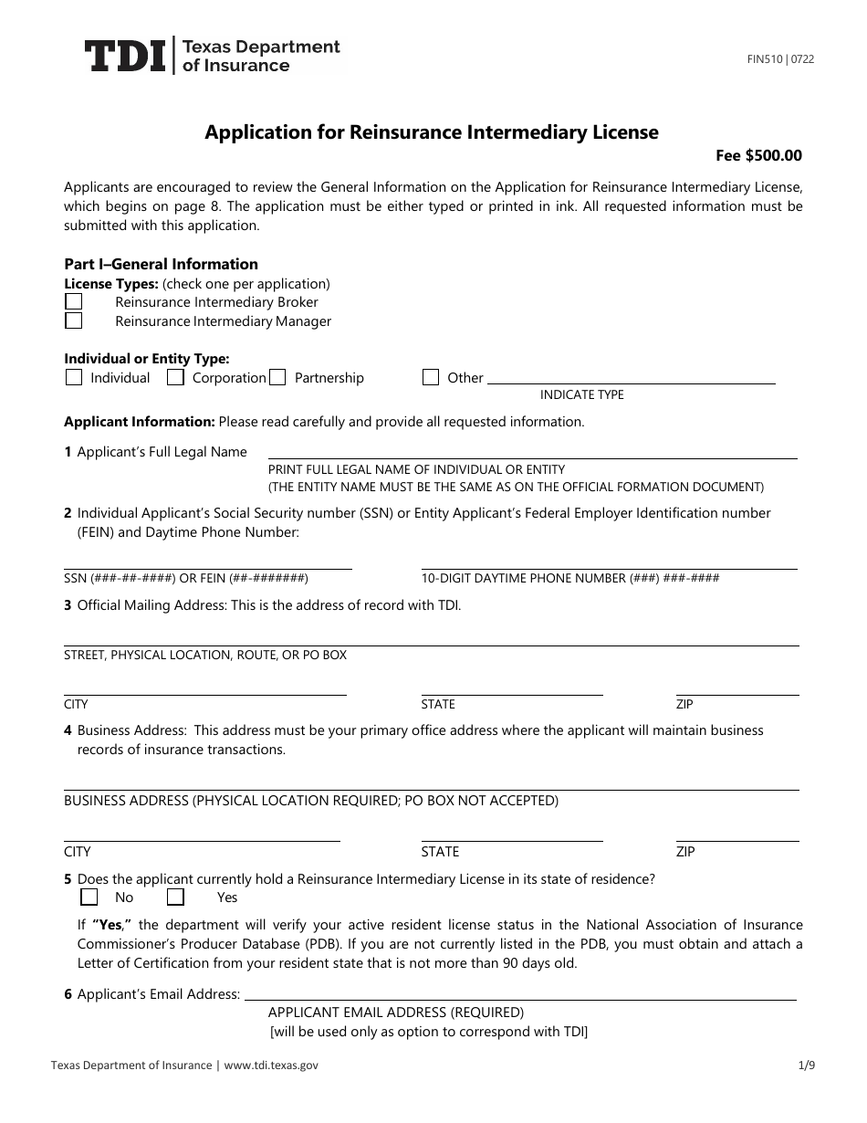 Form FIN510 - Fill Out, Sign Online and Download Fillable PDF, Texas ...