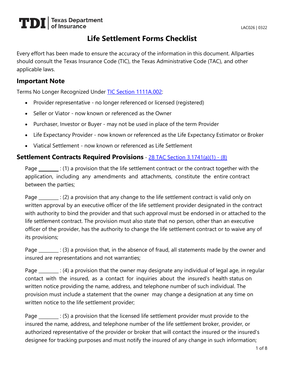 Form LAC026 Download Fillable PDF or Fill Online Life Settlement Forms ...