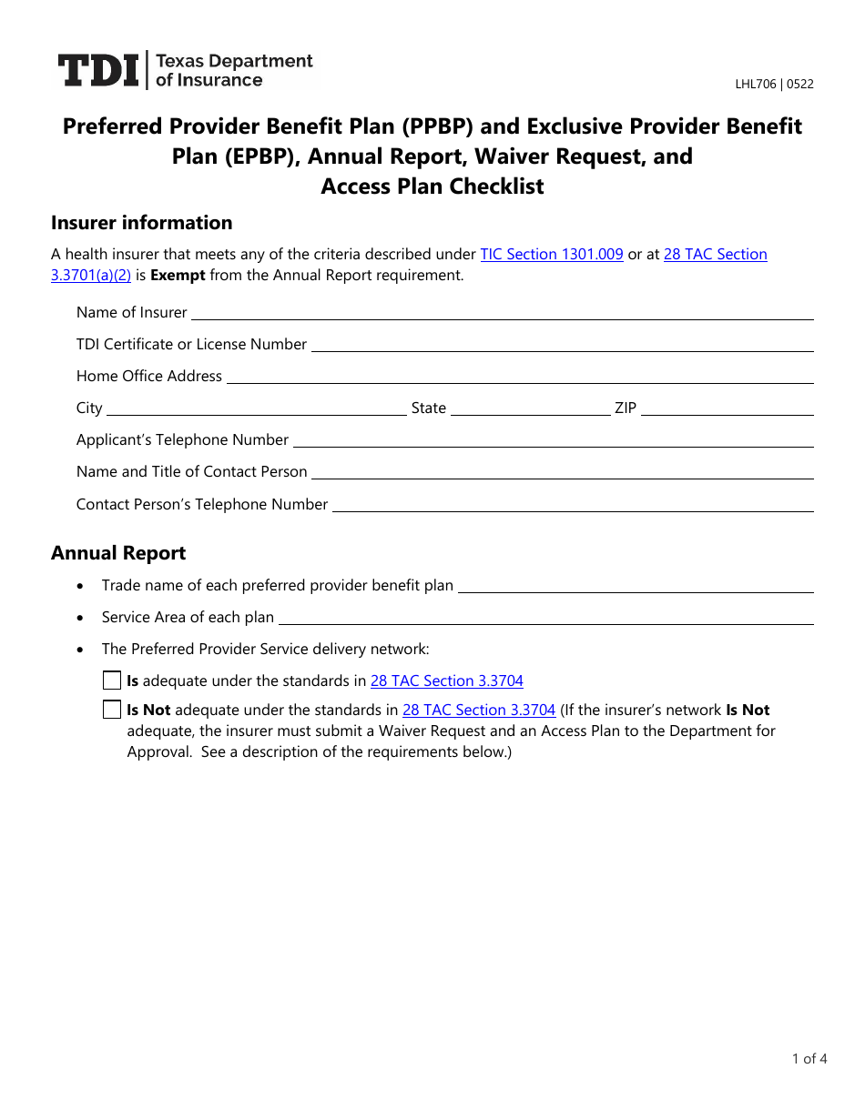 Form LHL706 - Fill Out, Sign Online and Download Fillable PDF, Texas ...