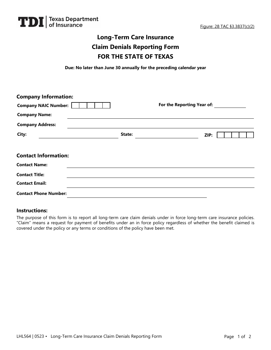 Form LHL564 Download Fillable PDF or Fill Online Long-Term Care ...