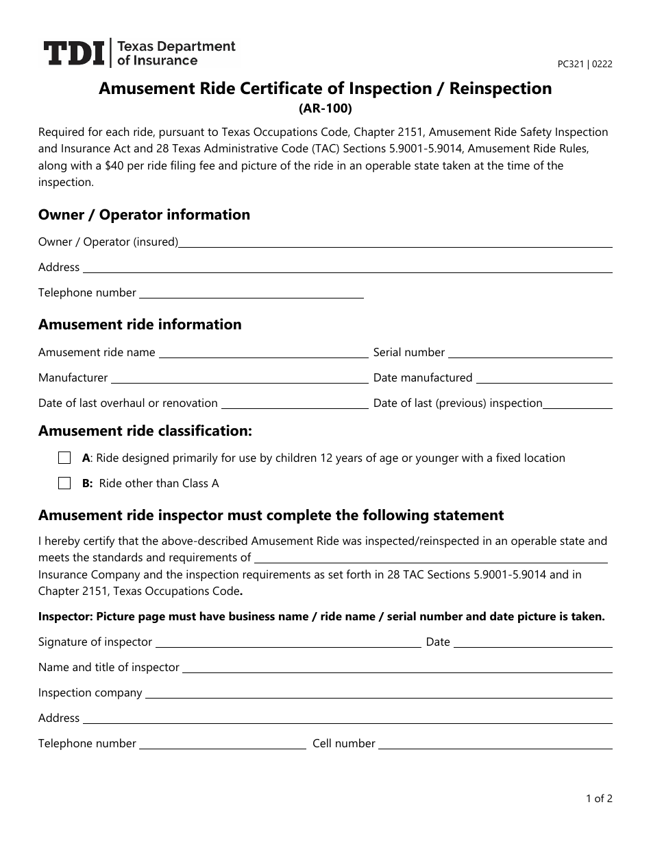 Form PC321 (AR-100) Download Fillable PDF or Fill Online Amusement Ride ...