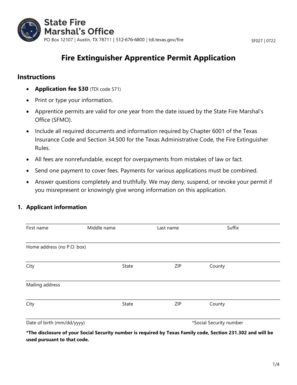 Form SF027 Download Fillable PDF or Fill Online Fire Extinguisher ...