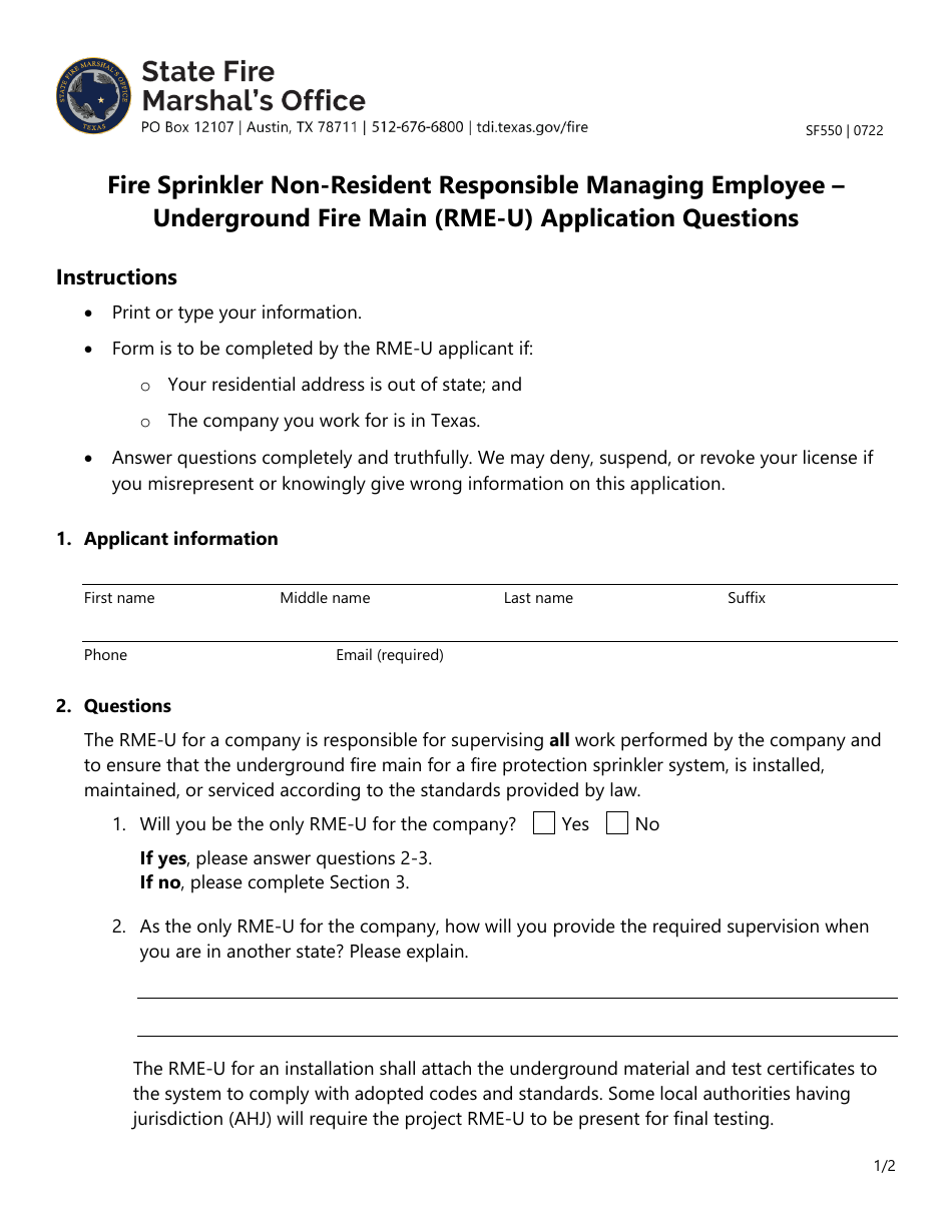 Form SF550 Download Fillable PDF or Fill Online Fire Sprinkler Non ...