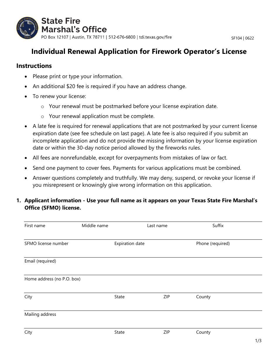Form SF104 Download Fillable PDF or Fill Online Individual Renewal ...