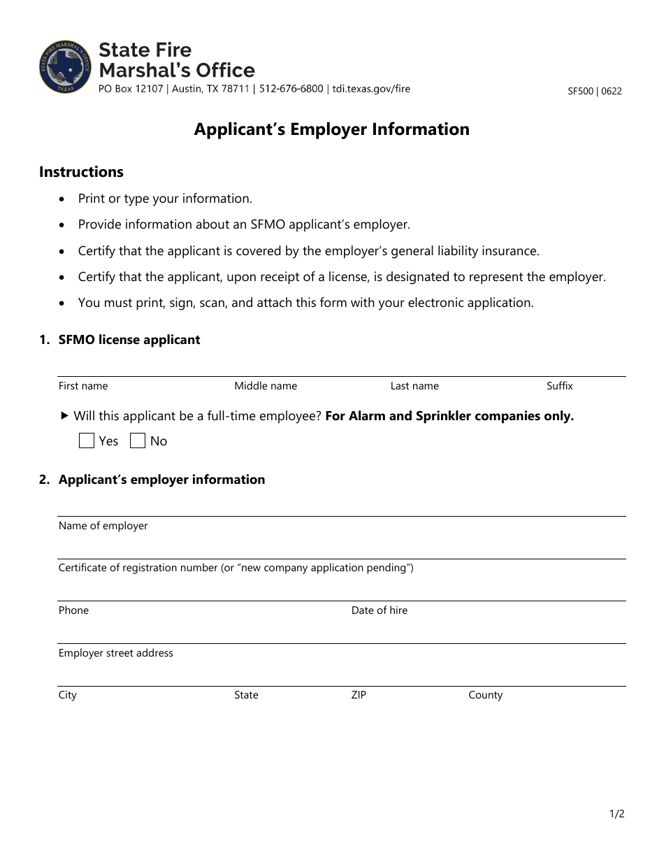 Form SF500 - Fill Out, Sign Online and Download Fillable PDF, Texas ...