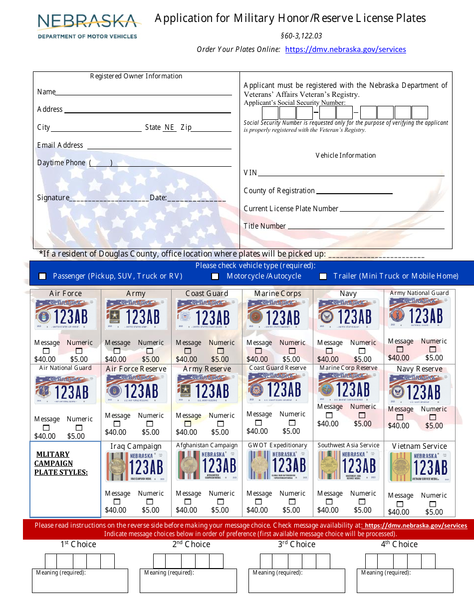 Nebraska Application for Military Honor/Reserve License Plates Download ...