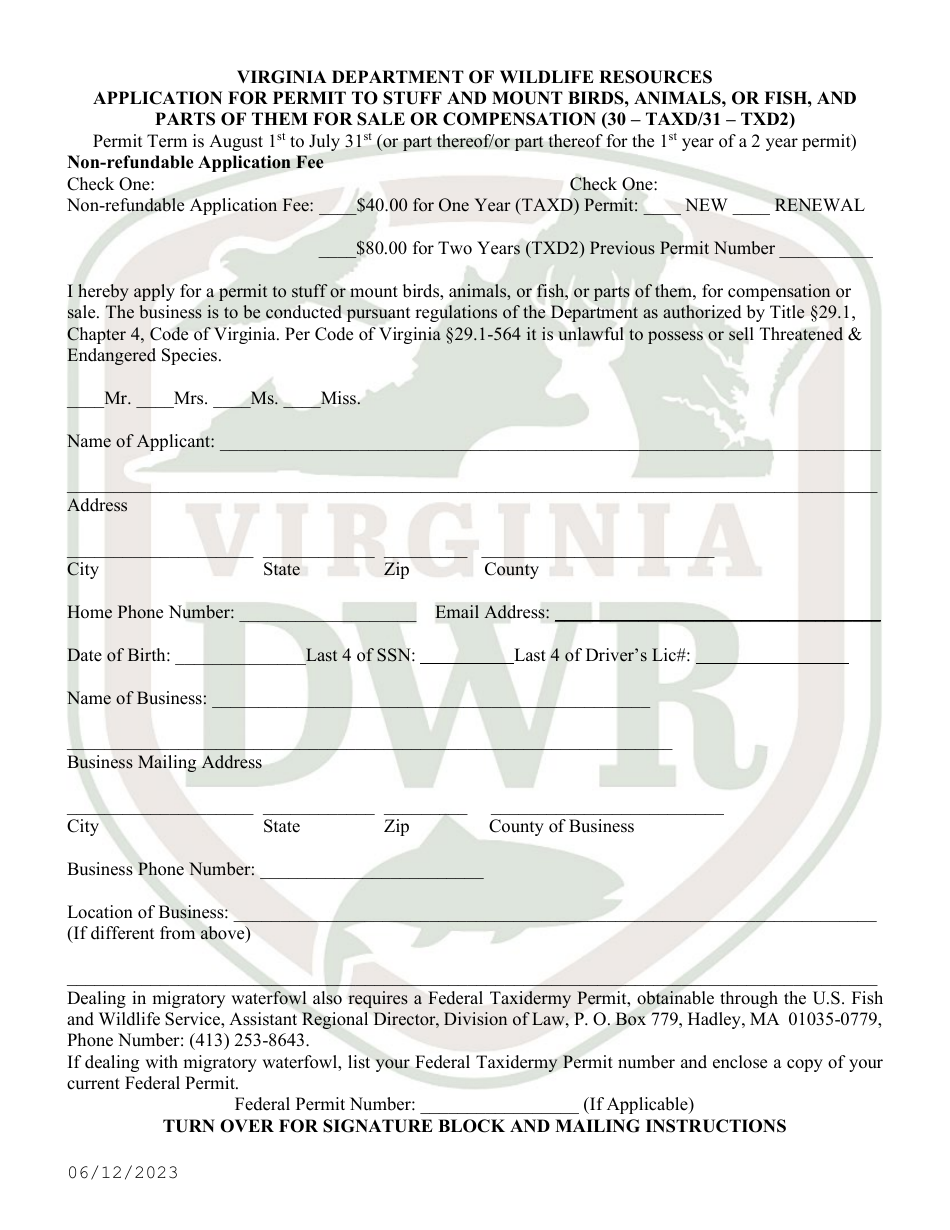 Virginia Application for Permit to Stuff and Mount Birds, Animals, or ...