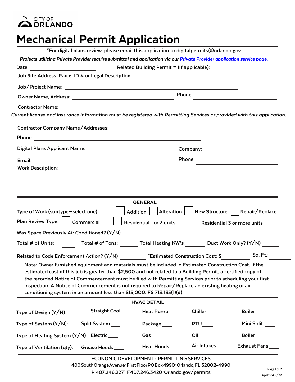 City of Orlando, Florida Mechanical Permit Application Download ...