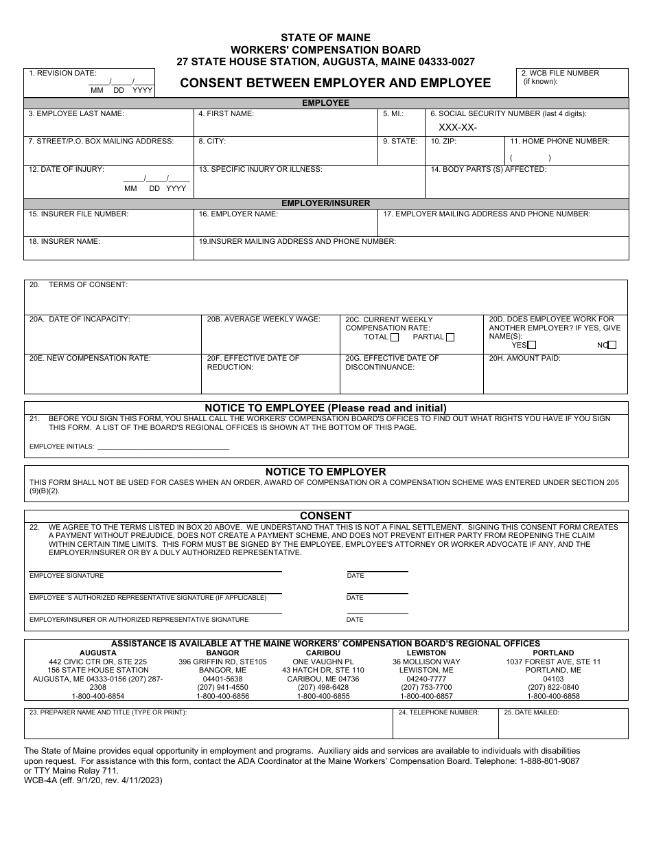 Form WCB-4A - Fill Out, Sign Online and Download Fillable PDF, Maine ...