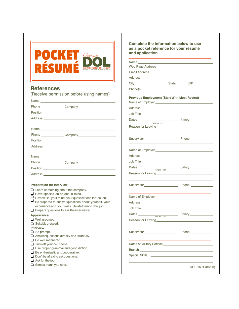 Form DOL-1691 Download Printable PDF or Fill Online Pocket Resume ...
