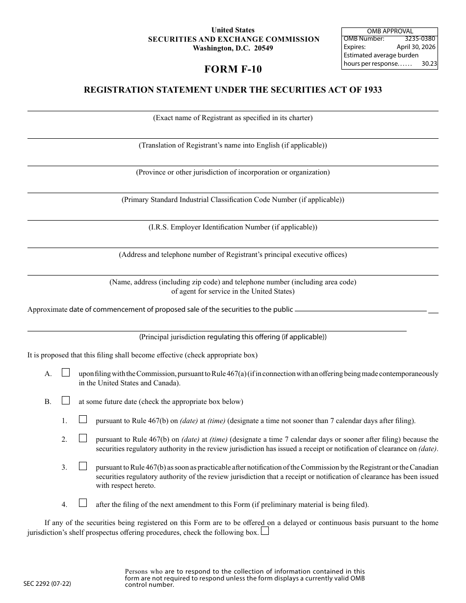 Form F-10 (SEC Form 2292) - Fill Out, Sign Online and Download ...