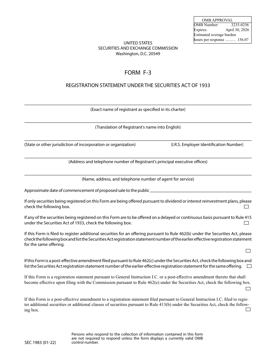 Form F-3 (SEC Form 1983) Download Printable PDF or Fill Online ...