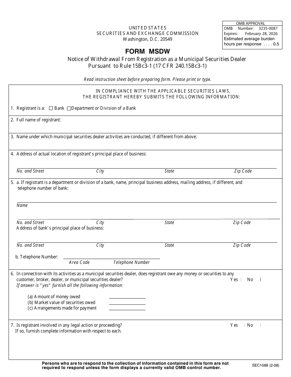Form MSDW (SEC Form 1588) - Fill Out, Sign Online and Download Fillable ...