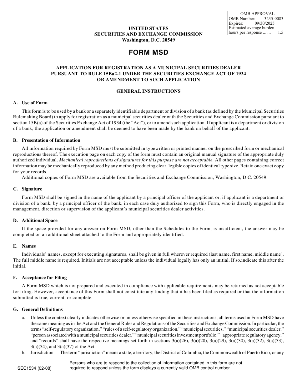 Form MSD (SEC Form 1534) - Fill Out, Sign Online and Download Fillable ...