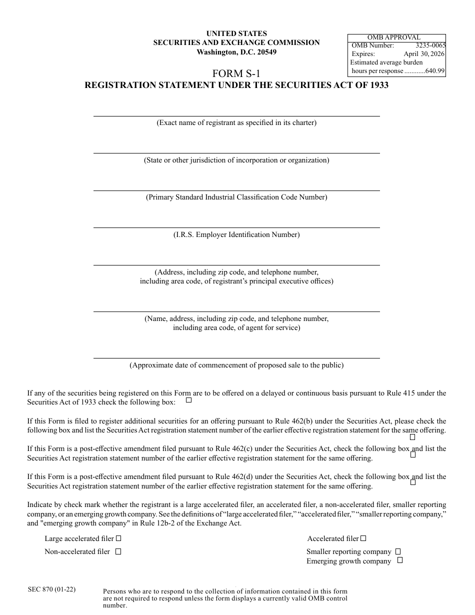 Form S-1 (SEC Form 870) Download Printable PDF or Fill Online ...