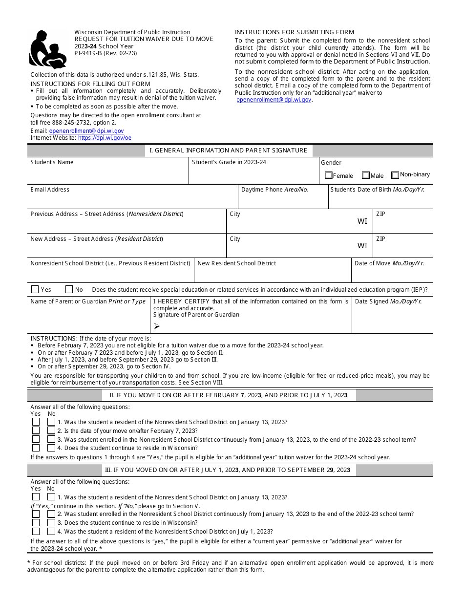 Form PI-9419-B Download Fillable PDF or Fill Online Request for Tuition Waiver Due to Move ...
