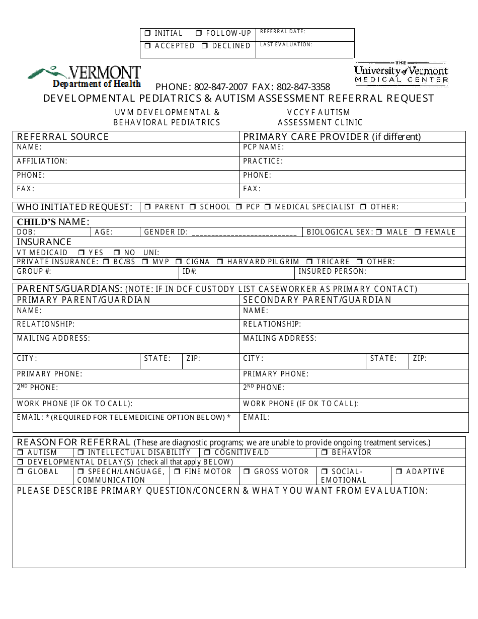 Vermont Developmental Pediatrics & Autism Assessment Referral Request ...