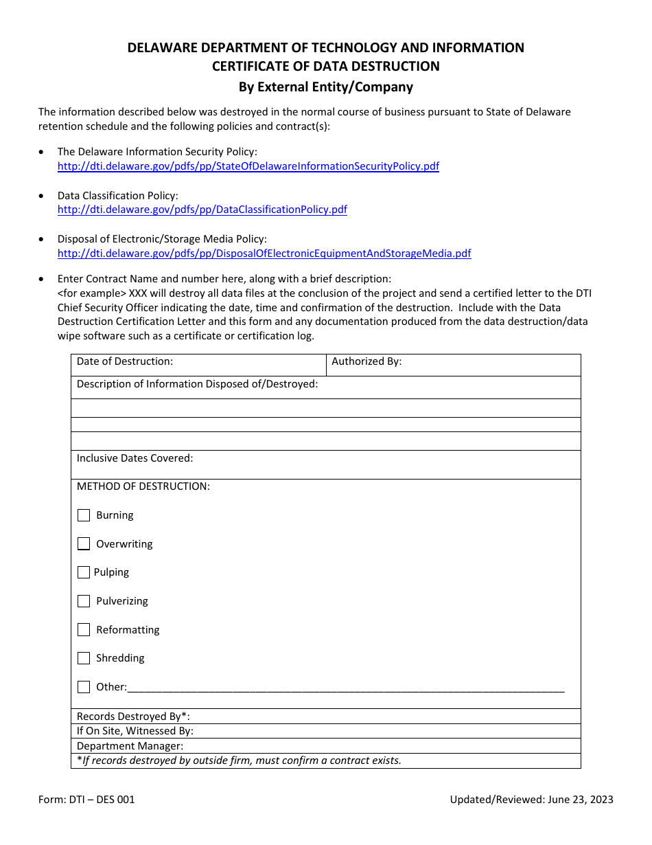 Form DTI-DES001 Download Printable PDF or Fill Online Certificate of ...
