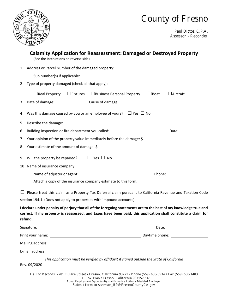 County of Fresno, California Calamity Application for Reassessment ...