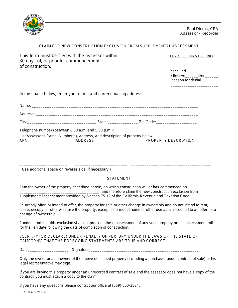 Form FCA2032 - Fill Out, Sign Online and Download Fillable PDF, County ...