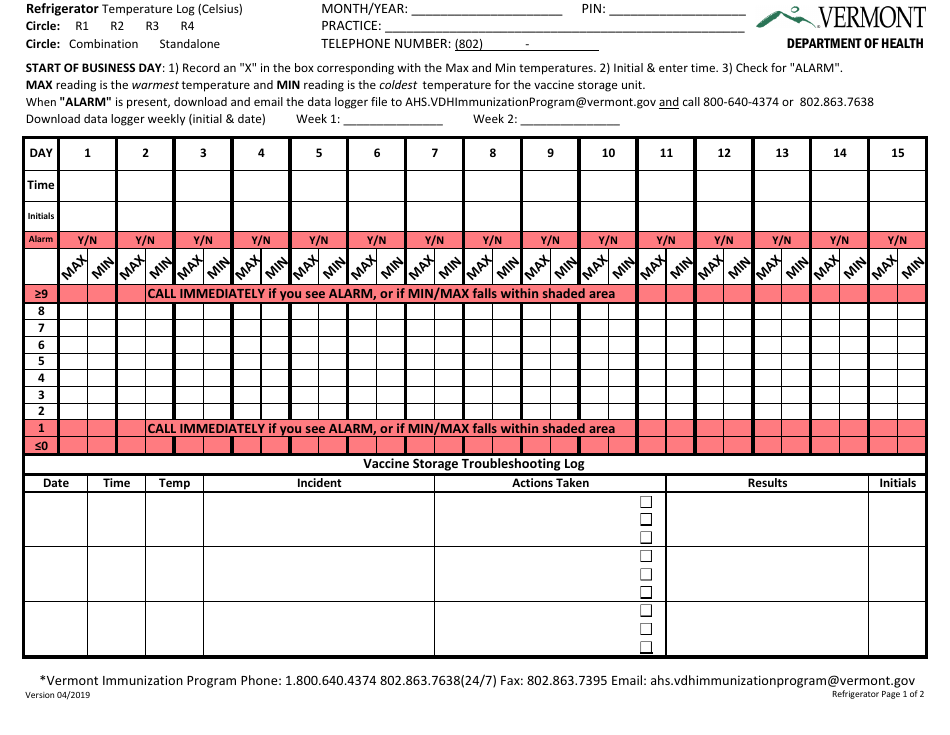 Vermont Refrigerator/Freezer Temperature Log - Fill Out, Sign Online ...