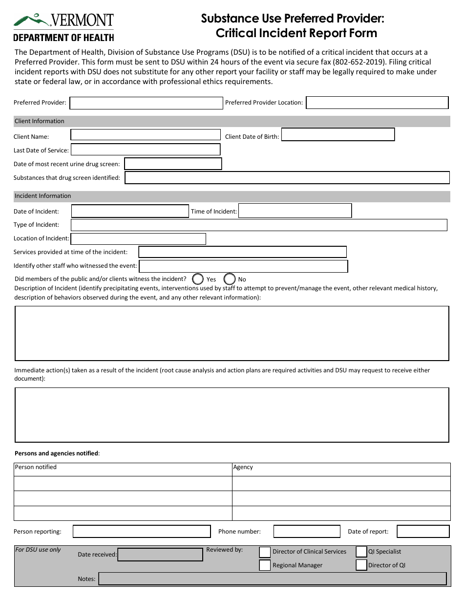 Vermont Substance Use Preferred Provider: Critical Incident Report Form ...