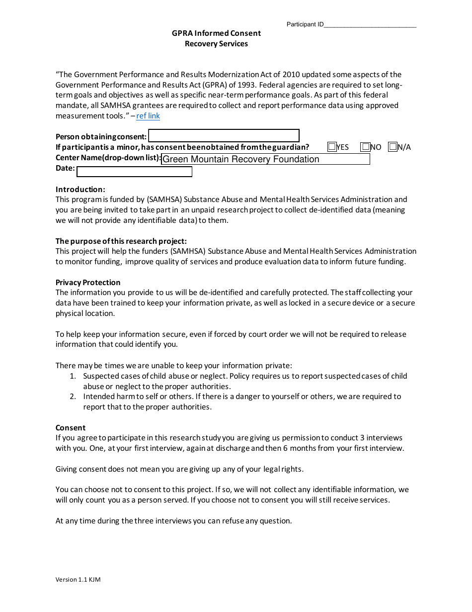 Vermont Gpra Informed Consent Recovery Services - Fill Out, Sign Online ...