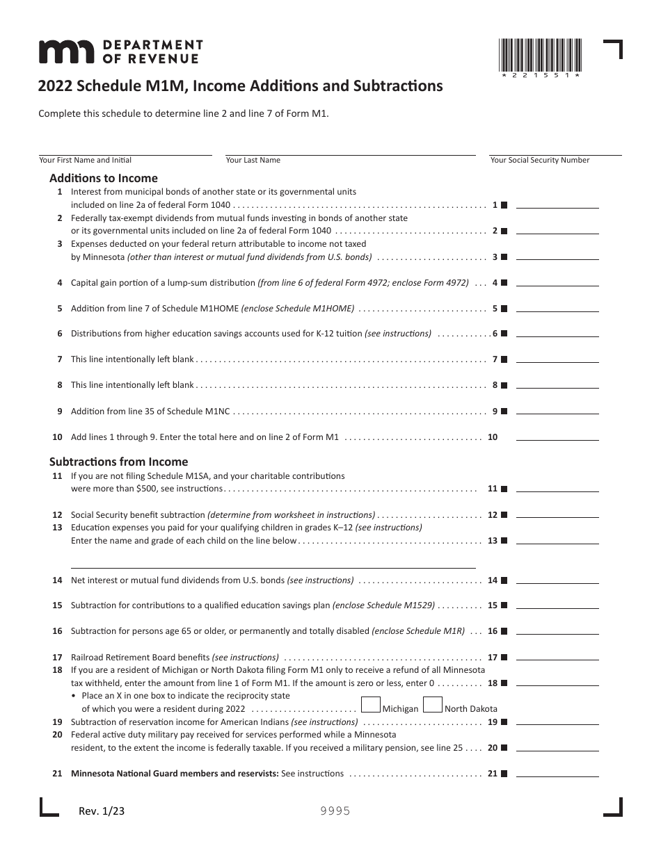 Schedule M1M Download Fillable PDF or Fill Online Income Additions and ...