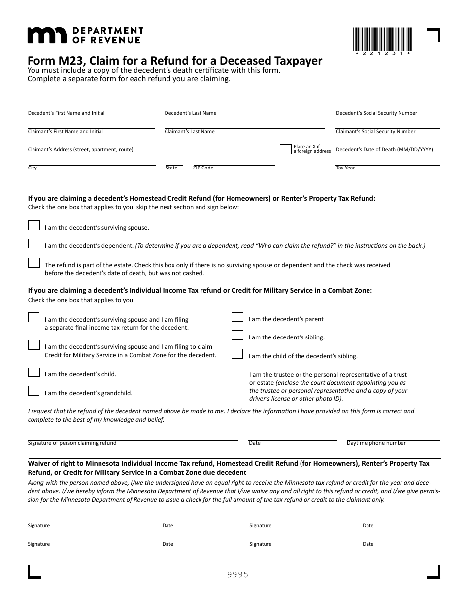 Form M23 - Fill Out, Sign Online and Download Fillable PDF, Minnesota ...
