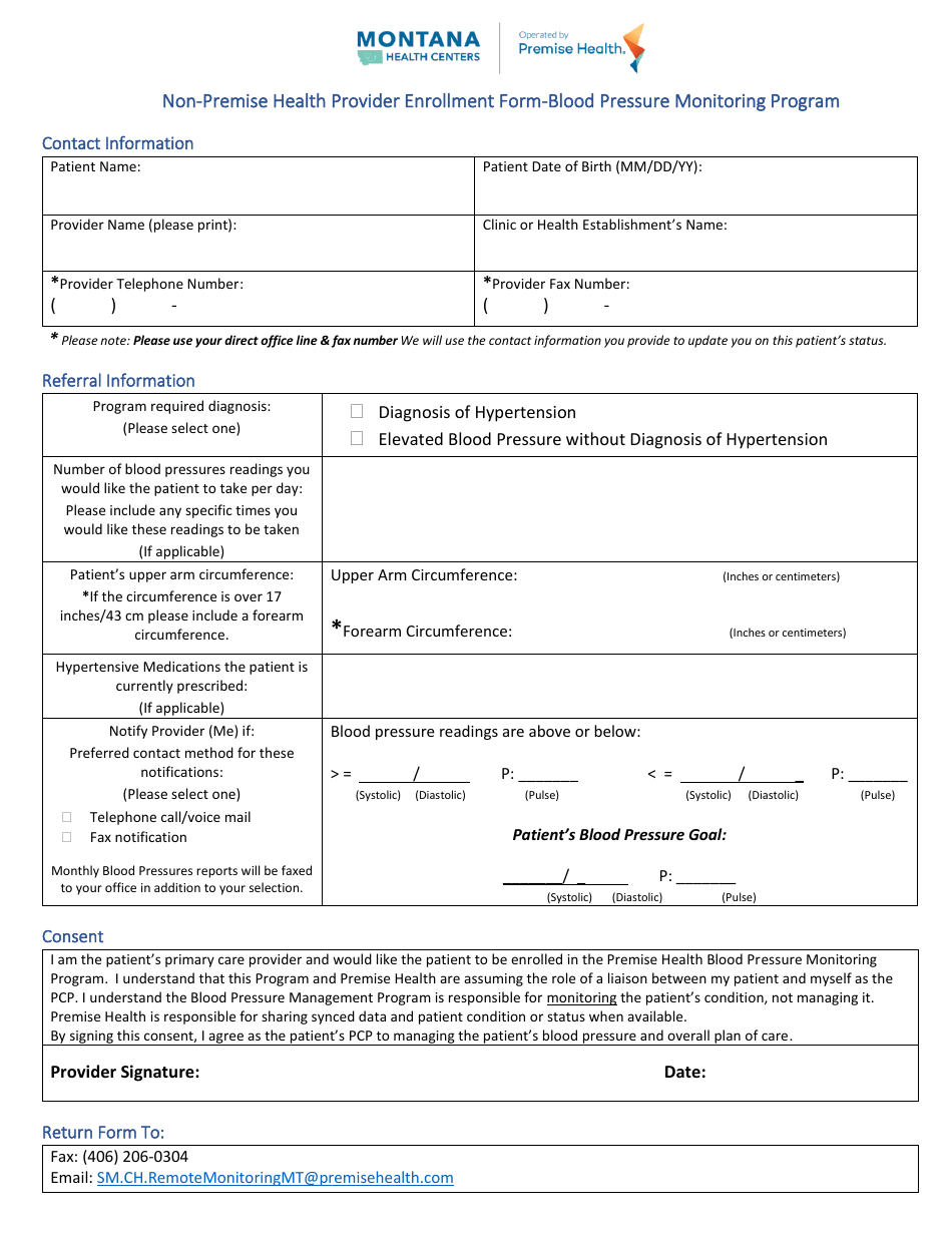 Montana Non-premise Health Provider Enrollment Form - Blood Pressure ...