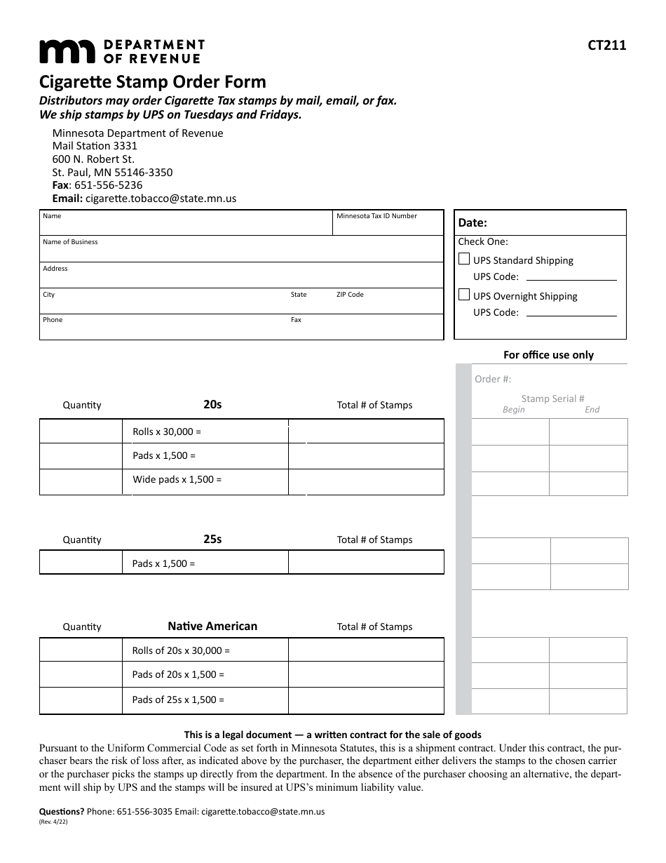 Form CT211 Download Fillable PDF or Fill Online Cigarette Stamp Order ...