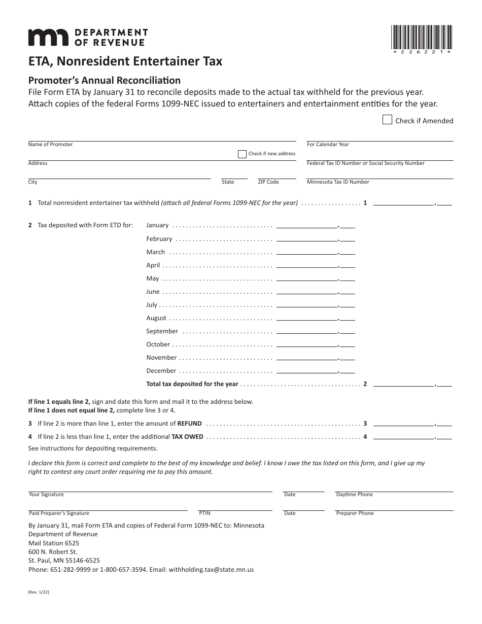 Form ETA Download Fillable PDF or Fill Online Nonresident Entertainer ...