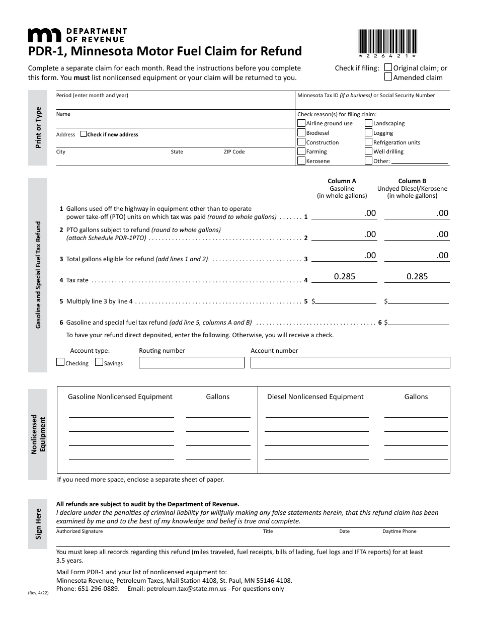 Form PDR-1 Download Fillable PDF or Fill Online Minnesota Motor Fuel ...