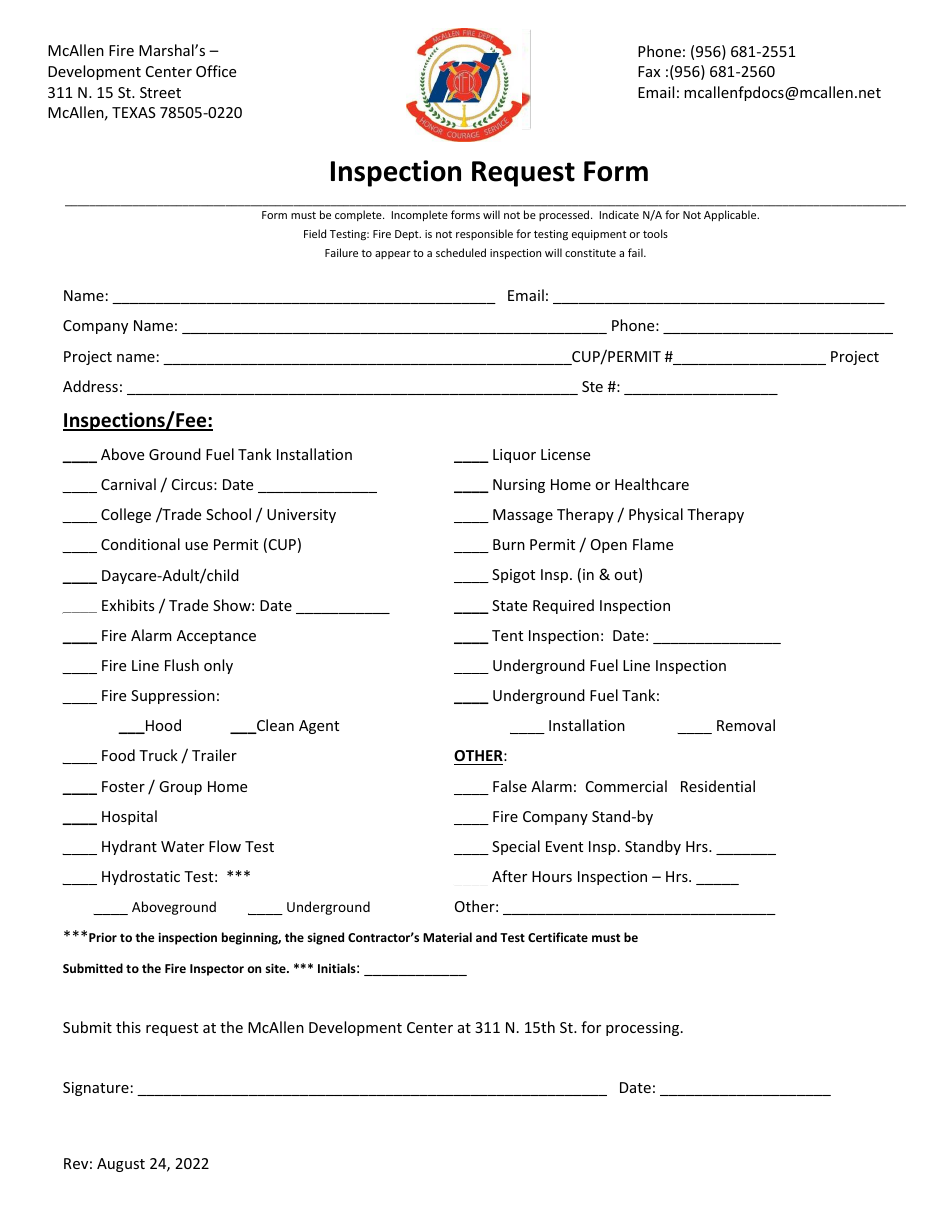 City of McAllen, Texas Inspection Request Form Download Printable PDF ...