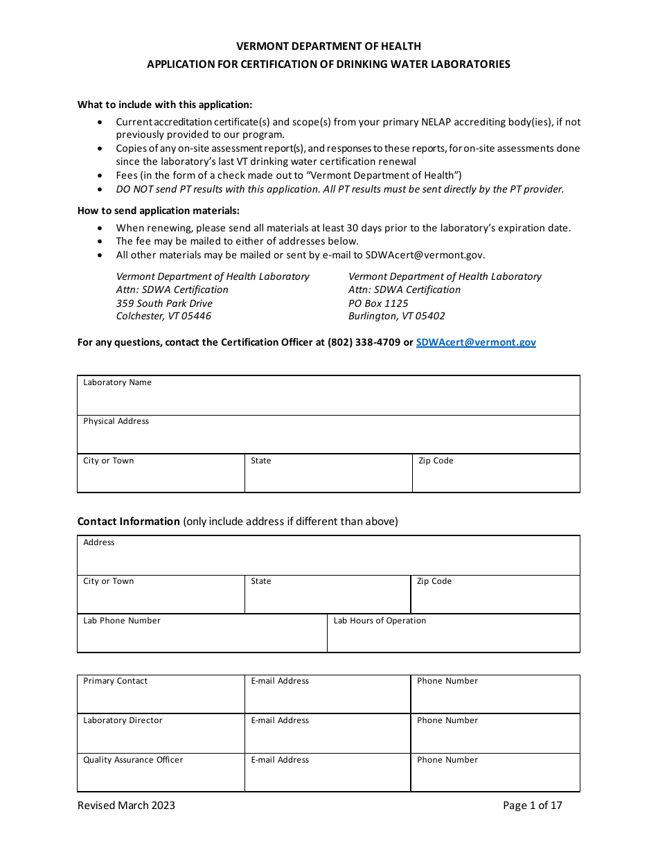 Vermont Application for Certification of Drinking Water Laboratories - Fill Out, Sign Online and ...