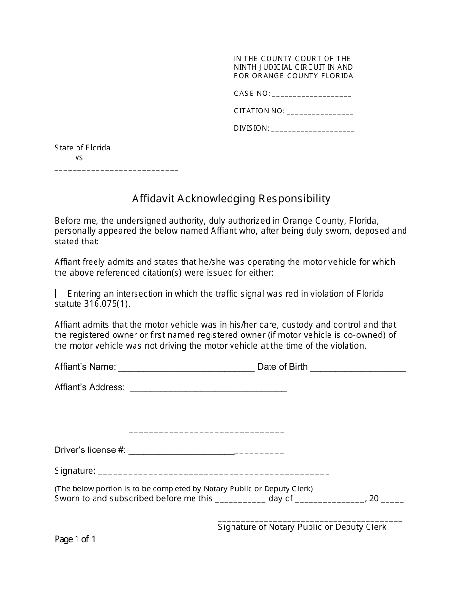 Orange County, Florida Affidavit Acknowledging Responsibility - Fill ...