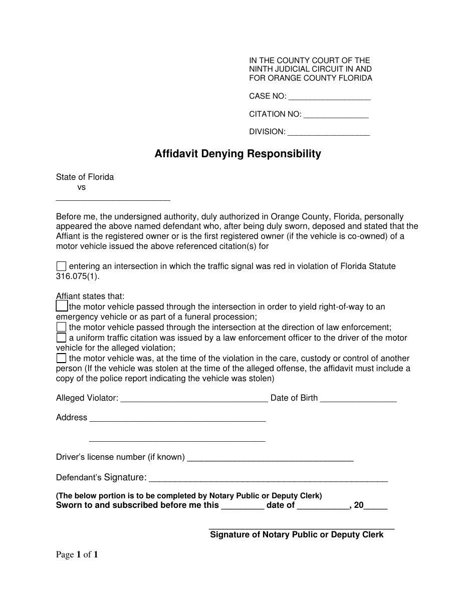 Orange County, Florida Affidavit Denying Responsibility - Fill Out ...
