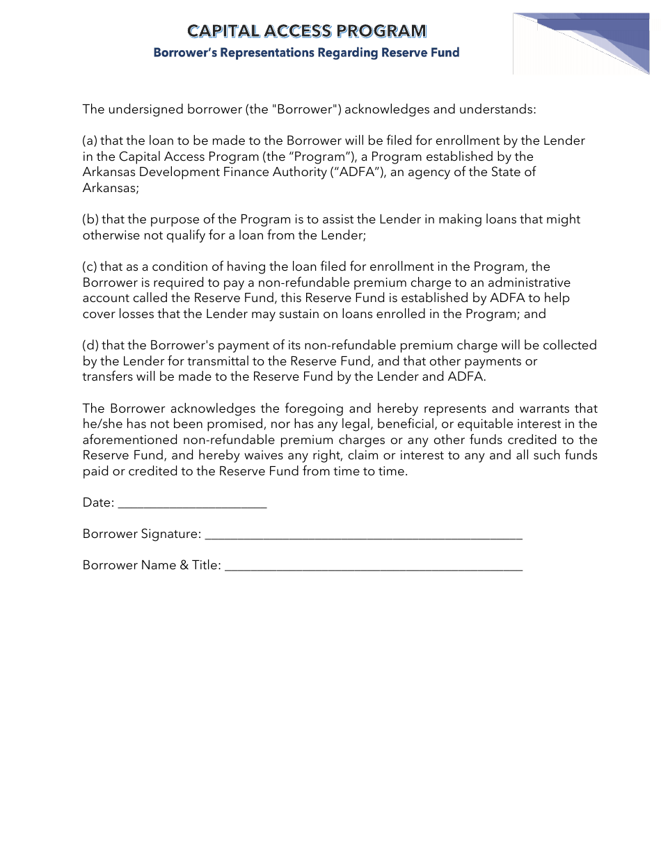 Arkansas Borrower's Representations Regarding Reserve Fund - Capital ...