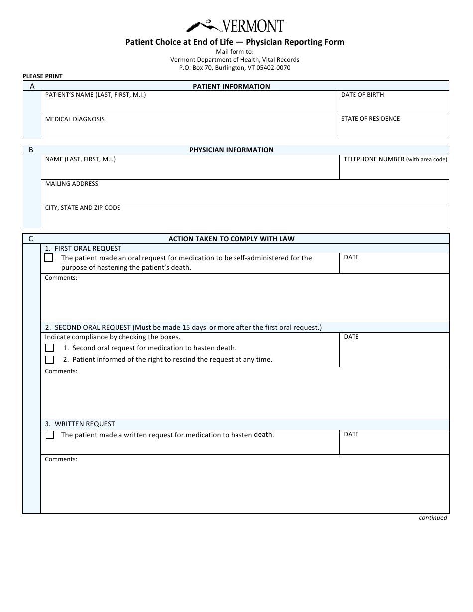 Vermont Patient Choice at End of Life - Physician Reporting Form - Fill ...