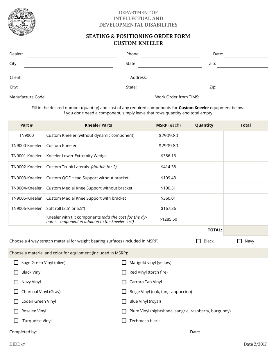 Tennessee Seating and Positioning Order Form - Custom Kneeler - Fill ...